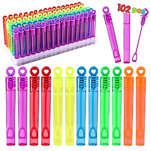 JOYIN 102 Pcs 6 Colors Mini Bubble Wands Bulk Party Favors Assortment Toys for Kids, Carnival Prizes, Wedding, Outdoor Gifts for Girls & Boys, Easter Basket Stuffers Goodie Gift Bag Stuffer Fillers