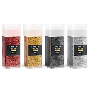 Arteza Fine Glitter, Set of 4 Colors — Red, Graphite, Silver, and Gold Glitter for Resin in 4.5-oz Bottles, Arts and Crafts Supplies for Art Class, After-School Programs, and Holiday Craft Projects