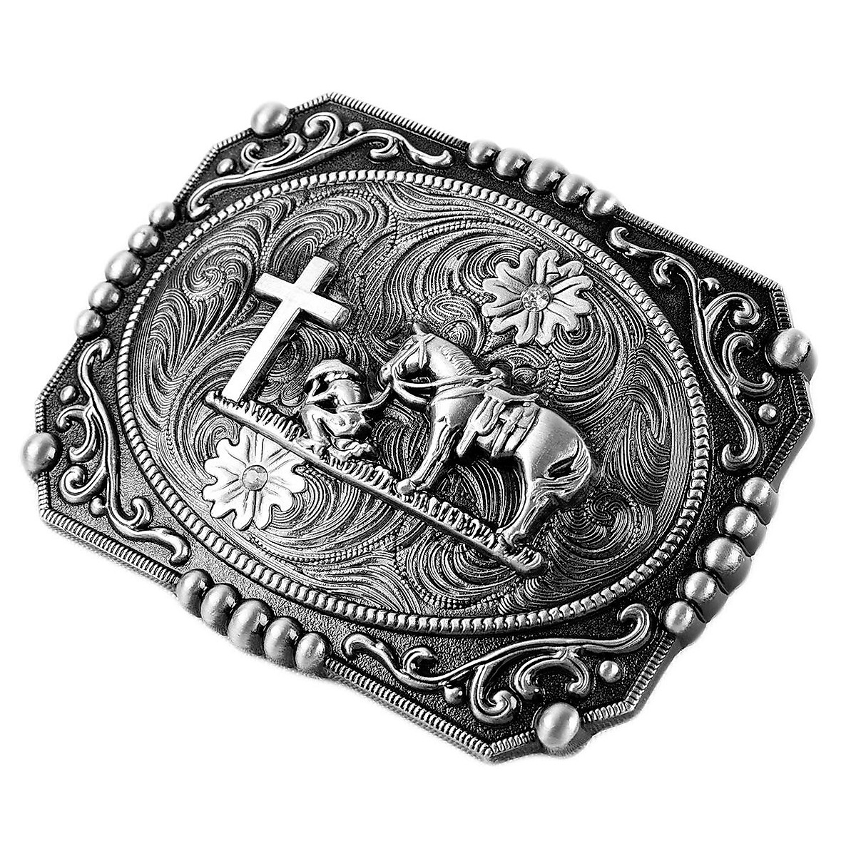 Moranse Religion Cross Cowboy And Horse Design Belt Buckles (Square Silver)