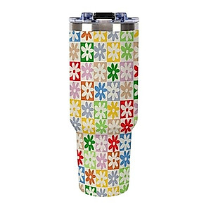 KPLBNAS Colorful Bold Aesthetic Checkered Flower Pattern 40 Oz Tumbler with Handle And Straw Lid, Insulated Reusable Stainless Steel Travel Mug Travel Mug for Hot And Cold Stainless Steel Vacuum Mug