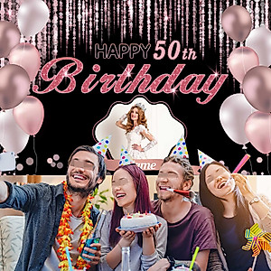 Custom Rose gold and Black Theme 50th Birthday Decorations Banner - Personalized Fabric Banner for 50th Birthday Party Supplies
