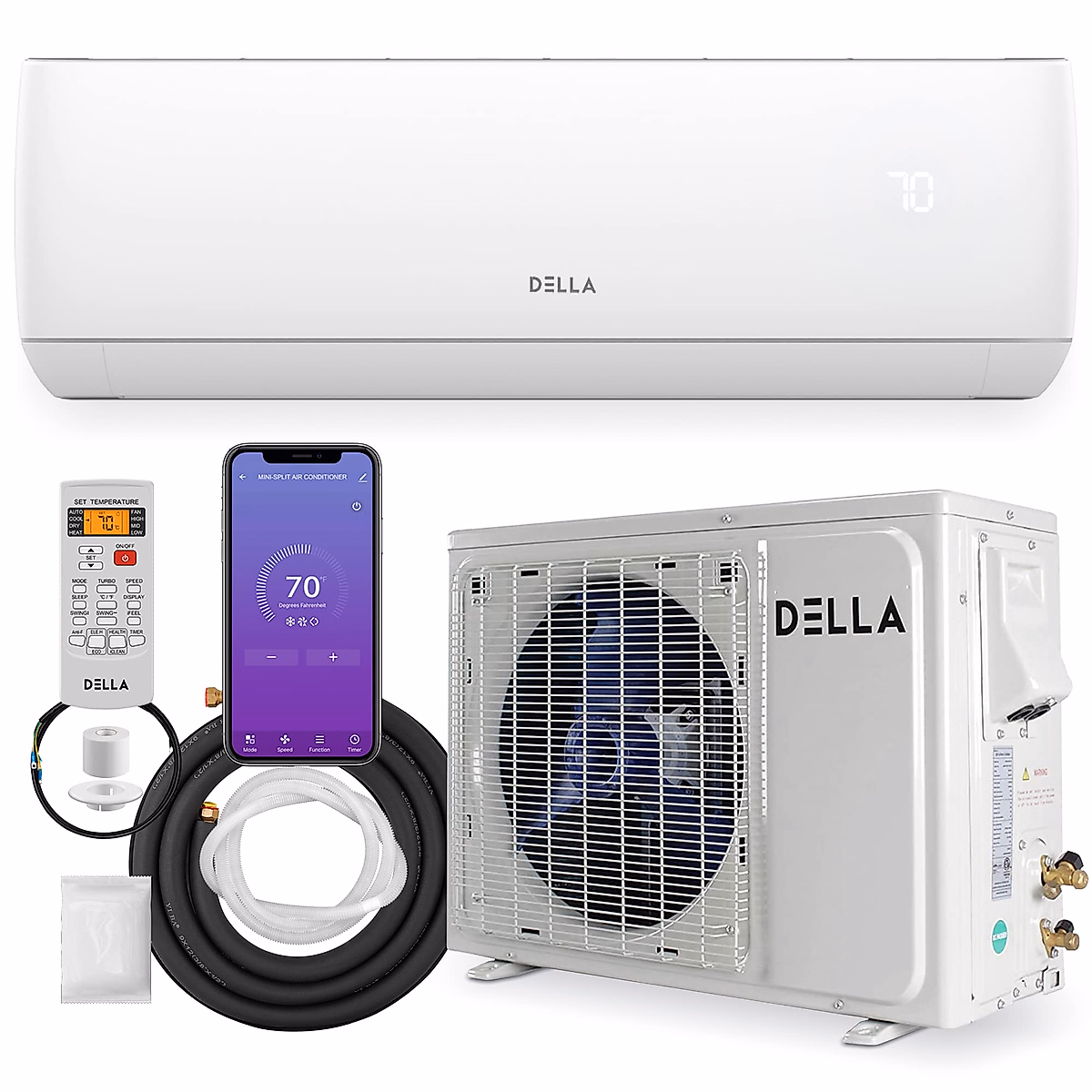 DELLA Motto Series 12000 BTU Wifi Enabled Mini Split Air Conditioner & Heater Ductless Inverter System, 17 SEER, 9 HSPF 208-230V Energy Efficient Unit with 1 Ton Heat Pump, Cools Up to 550 Sq. Ft.