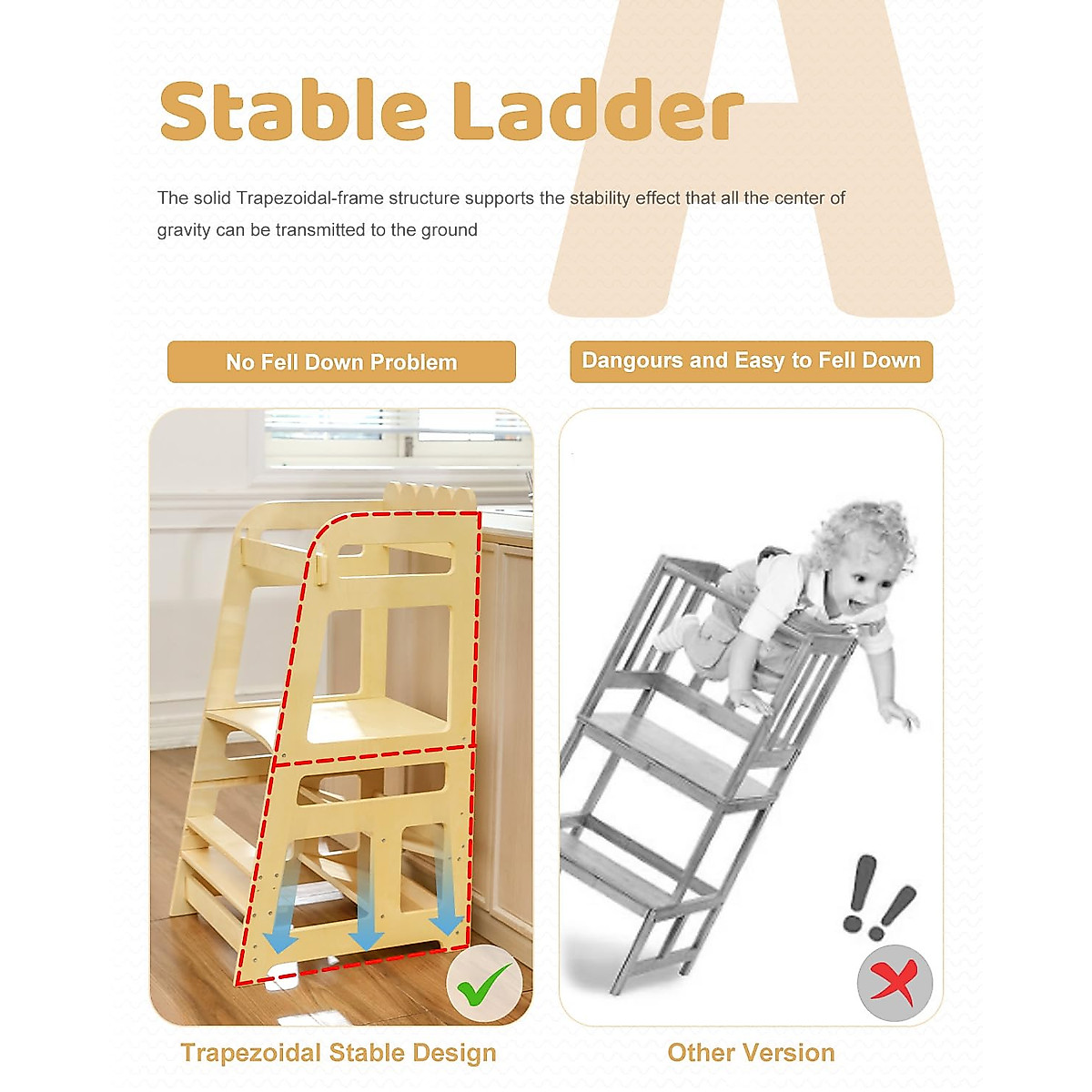 Lauon Step Stools for Kids, Adjustable Height Toddler Montessori Wooden Tower - Safe Anti-Drop Kitchen Stool Helper, Standing Tower for Bathroom & Counter