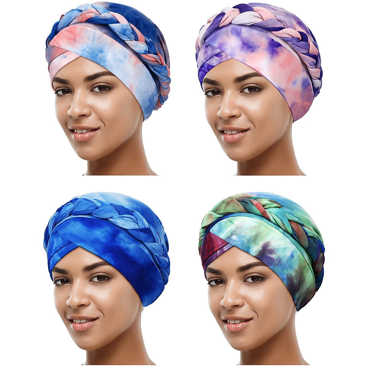 4 Pieces African Women Turban Cap Head Wraps Beaded Headscarf Beanie Wrap