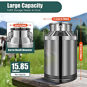 EcoTypee 15.85Gal/60L Milk Can - 201 Stainless Steel Milk Jug,Thick Handle with Sealed Lid Heavy Duty Milk Bucket Wine for Kitchen, Rice Cereal Grain Canisters Container