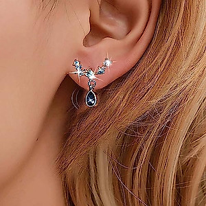 Sttiafay Vintage Teardrop Sapphire Earrings Crystal Climber Earrings Blue Sapphire Dangle Earrings Silver Sparkly Cz Rhinestone Earrings Jewelry for Women and Girls