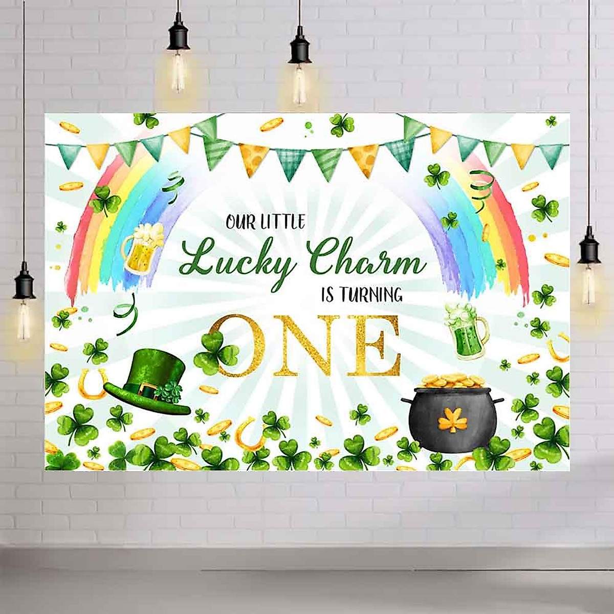 MEHOFOND 7x5ft St. Patrick's Day 1st Birthday Backdrop Lucky Charm Photography Background Green Shamrock Rainbow Gold Coins Beer Decorations for Irish Baby 1st Bday Party Cake Table Banner Photo Props