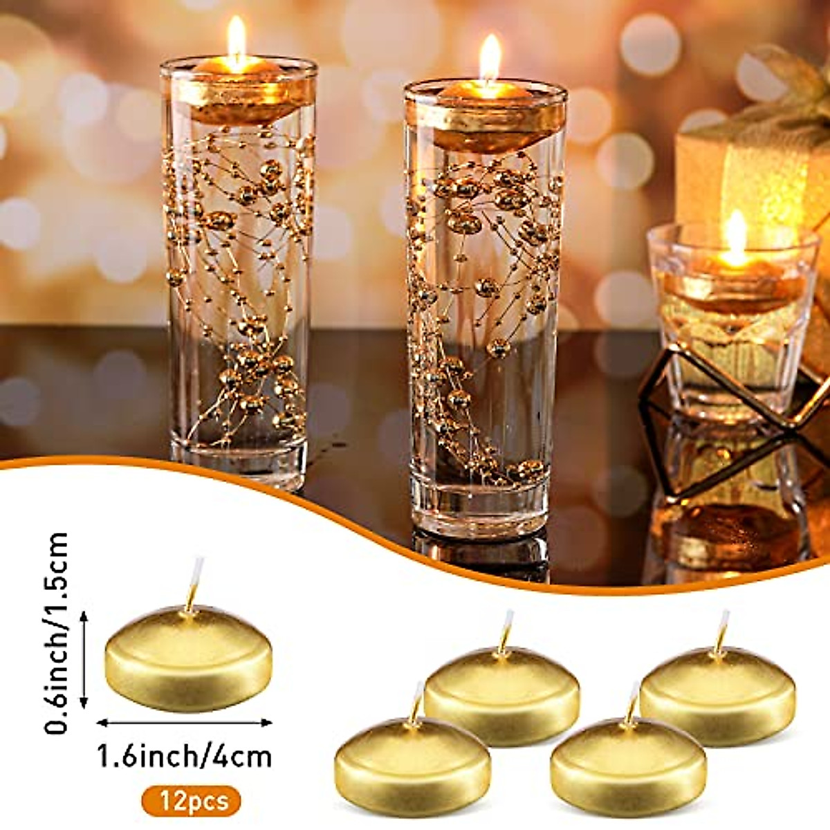 Artificial Pearl String,6 Unscented Floating Candles for Centerpiece,33 Feet Faux Pearl Filler Vase Filling for Wedding Dinning Table Holiday Party Pool Christmas Decor, Gold
