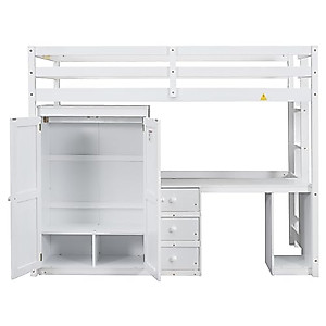 BOVZA Wood Twin Size Loft Bed Frame with Desk and Wardrobe, Built-in Desk with 3 Drawers and Open Cabinet, Twin Loft Bed with Desk and Storage for Kids Teens Adults, White