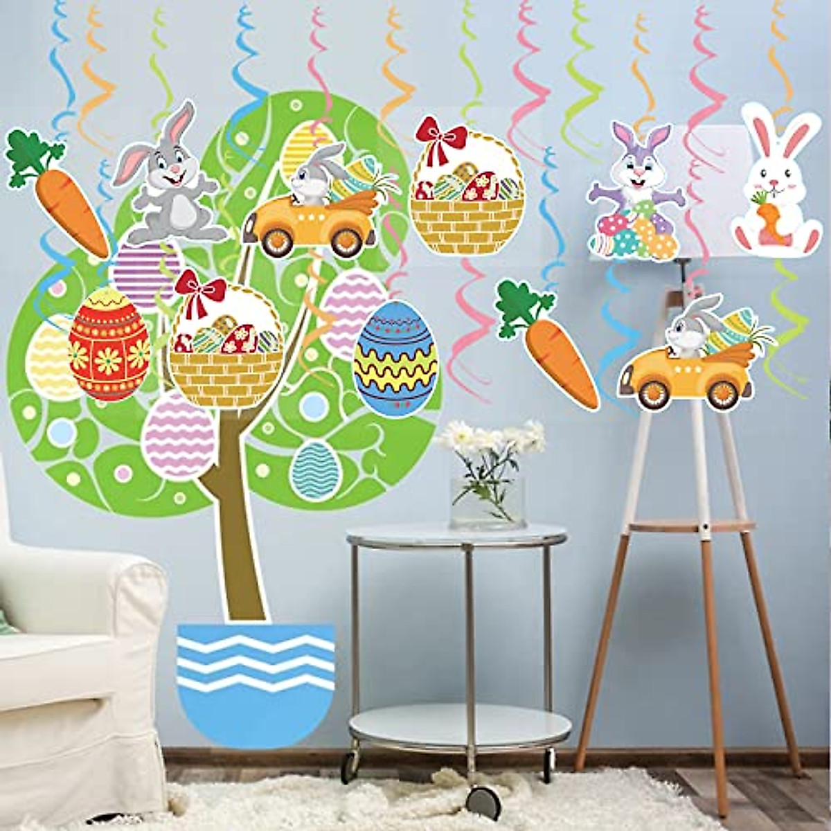 Mocossmy Easter Hanging Swirl Decorations,30 PCS Easter Egg Baskets Bunny Carrot Hanging Swirl Foil Ceiling Streamers for Easter Spring Home Office Classroom Party Ornaments Favors Supplies Decoration