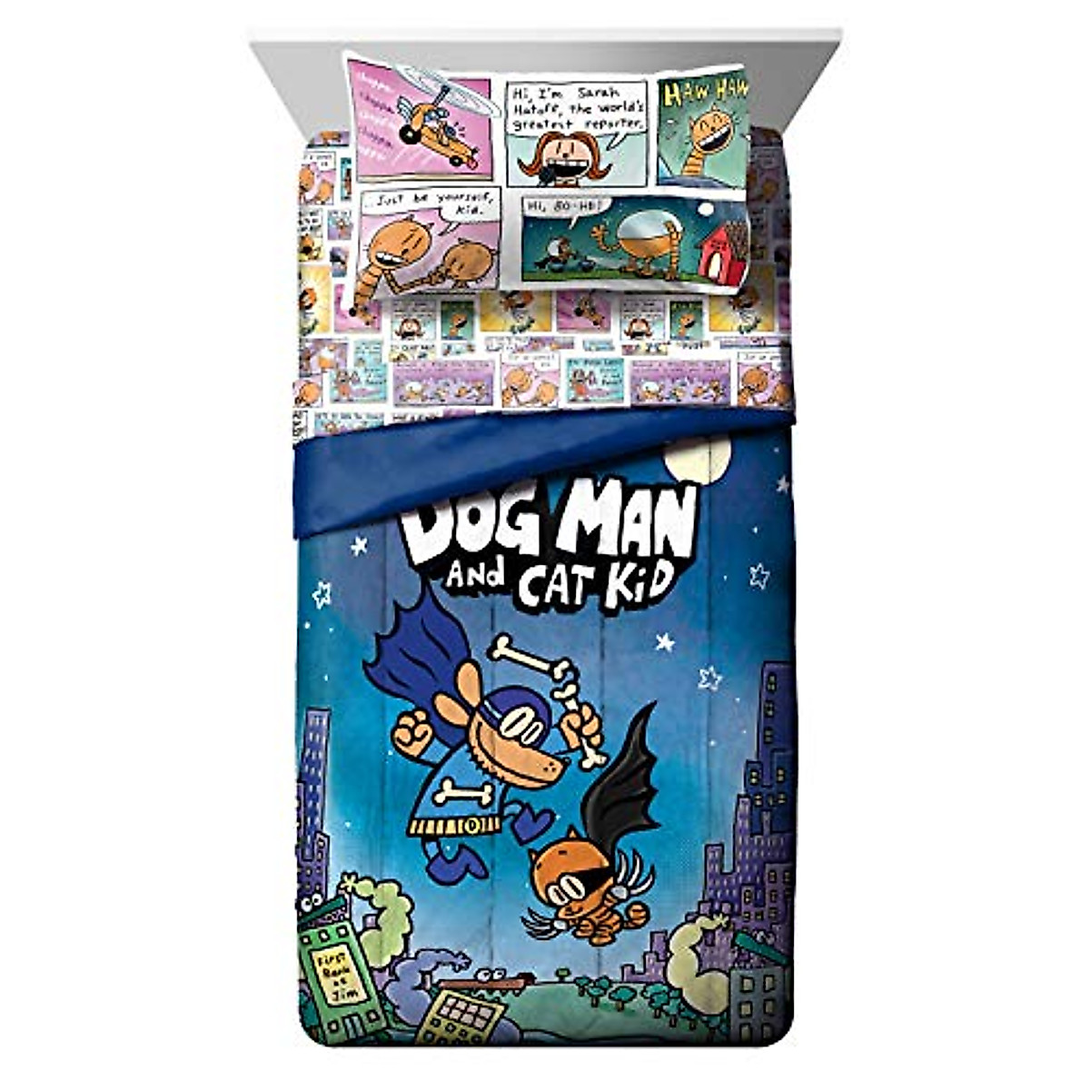 Jay Franco Dog Man Supa Buddies 4 Piece Toddler Bed Set - Includes Comforter & Sheet Set - Bedding Features Cat Kid & Lil' Petey - Super Soft Fade Resistant Microfiber (Official Dog Man Product)