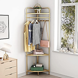 DOORXIFO Corner Gold Clothing Racks Freestanding, Gold Metal Coat Racks with Hooks, Heavy Duty Modern Clothes Rack with 3 Tier Storage Shelves for Home,Bedroom,Living Room