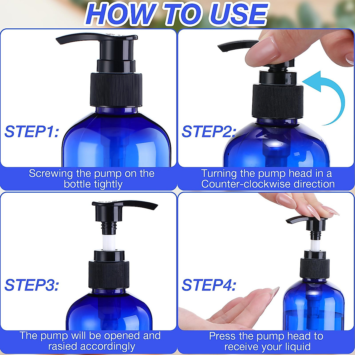 48 Pcs Pump Bottle Lotion Dispenser Refillable Shampoo Conditioner Hand Soap Dispenser Plastic Empty 8oz/250ml Clear Reusable Body Wash Container Bulk (Blue, Black)