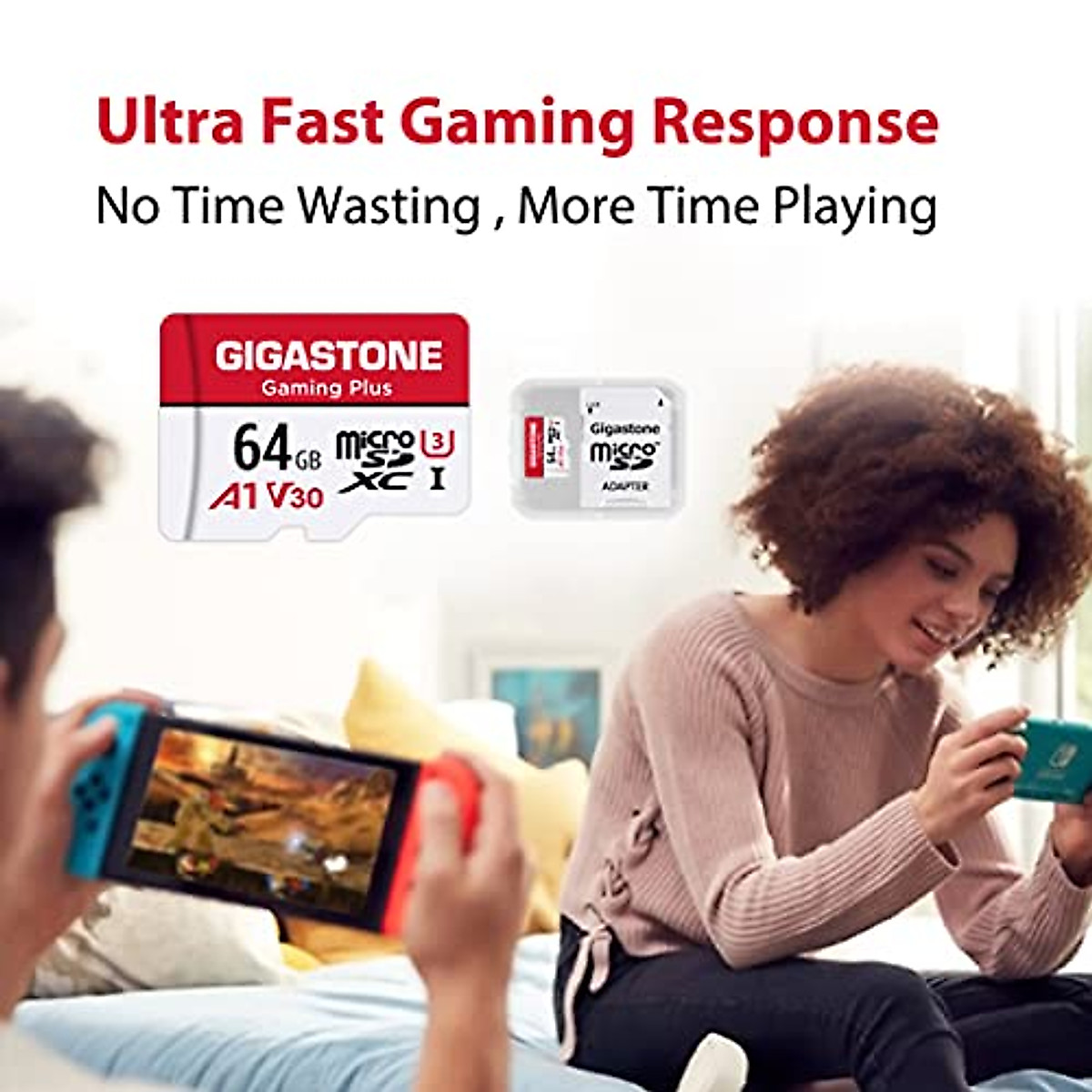 Gigastone 64GB Micro SD Card, Gaming Plus, Nintendo-Switch Compatible, High Speed 90MB/s, 4K UHD Video Recording, Micro SDXC UHS-I A1 V30 U1 Class 10
