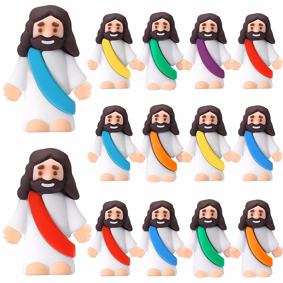 Bememo 12 Pcs Mini Jesus Figures Easter Original Little Jesus Figures Rubber Pocket Toys to Hide and Seek Religious Party Favors Sunday School Baptism Gifts(Rainbow Colors)