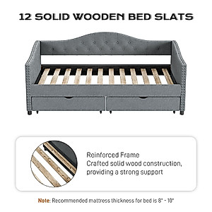 ONEMMLION Daybed with 2 Storage Drawers, Upholstered Button Tufted Twin Size Daybed Frame in Linen Fabric for Bedroom Guest Room, Grey