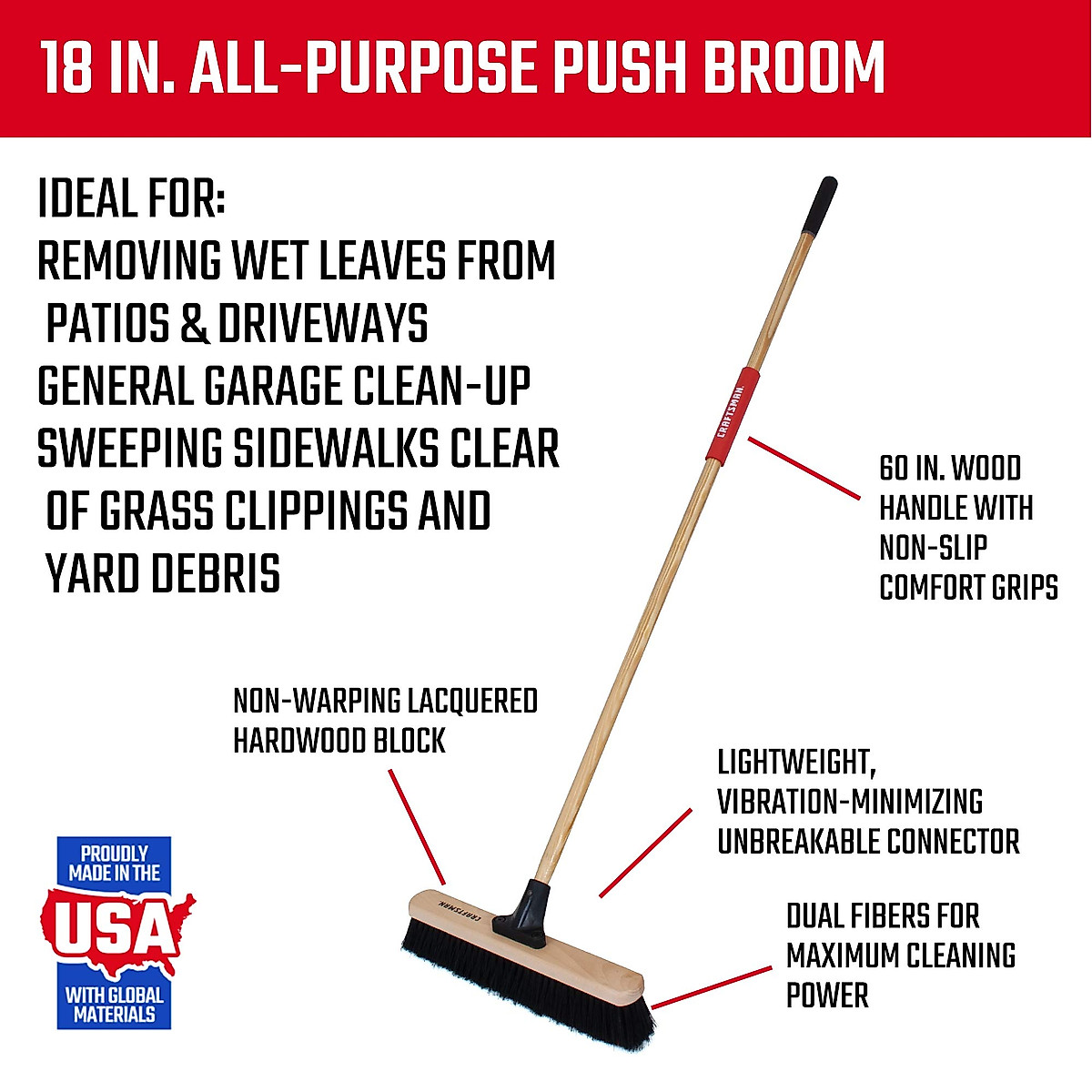 CRAFTSMAN CMXMKIT0080 3-Piece Heavy Duty Cleaning Tool Set with 10 in.All-Surface Wash,12 in. Scrubbing Deck Brush & 18 in. Push Broom, Brown