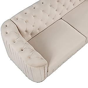 kevinplus 64'' Loveseat Chesterfield Sofa Couch for Living Room, Velvet Modern 2-Seat Tufted Upholstered Small Sofa Couch with Thick Removable Seat Cushion for Apartment Bedroom, Wooden Legs, Beige