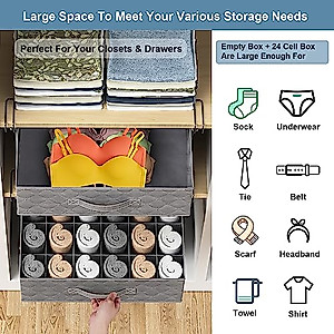 Carry360 2 Pack Sock Underwear Drawer Organizer Dividers, 24 Cell Fabric Foldable and Washable Cabinet Closet Organizers with Adjustable Clips for Clothes, Socks, Underwear (Gray)