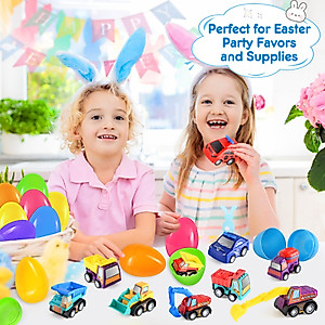 Duchong Prefilled Easter Eggs with Cars Toys for Easter Eggs Hunt, 24 Packs 2.8“ Plastic Eggs with Pull-Back Construction Vehicles, Easter Theme Party Favor, Easter Basket Stuffers for Boys Girls