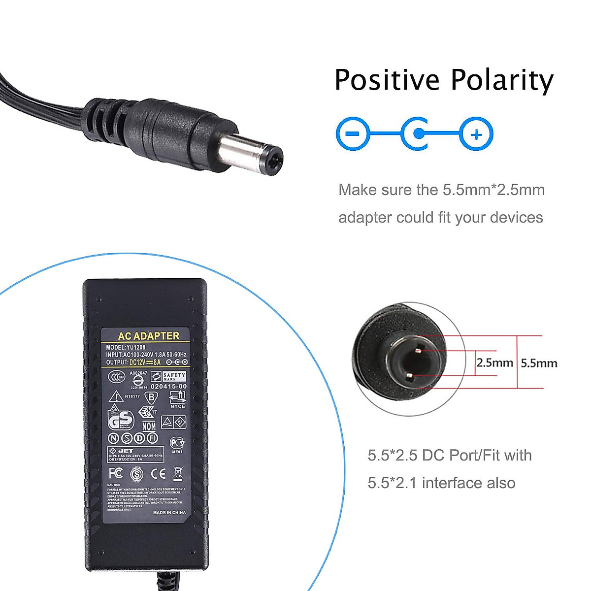 COOLM 12V 8A Power Supply Adapter AC 110V-240V to DC 12 Volt 8 Amp 96W Transformer LED Driver Replacement 12V 7.5A 7A for LED Light Strip CCTV Camera