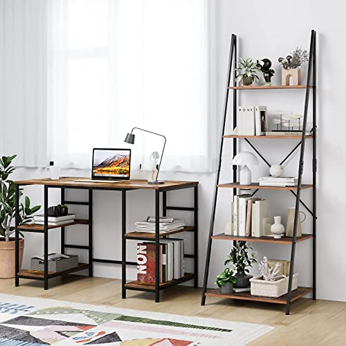 SOMY 5-Tier Bookshelf, Wood Bookcase with Metal Frame, Open Ladder Shelf, Flower Standing Shelf Units Storage Rack for Home Office Living Room Bathroom Vintage, Rustic Brown