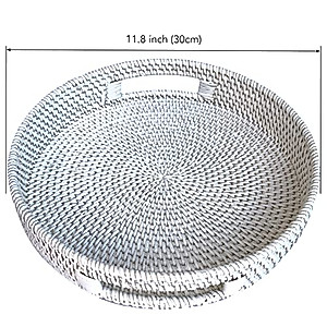SIMPLY FABULOUS Round White Rattan Serving Tray with Handles, 11.8 inch, Hand Woven in a Durable Stunning Design, A Great Serving Basket for Food or Drinks