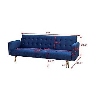 Kingway SF-6005-Blue Futon Sofa Bed Convertible Sleeper, Velvet Couch