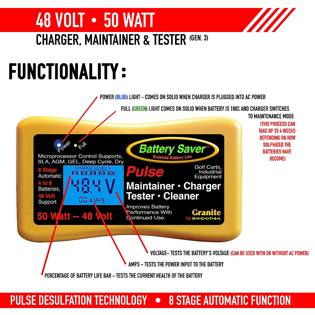 Battery Saver Premium 48 Volt 50W Pulse Charger, Maintainer & Tester (Gen. 3), Yellow, Black (2365L-48-G3)