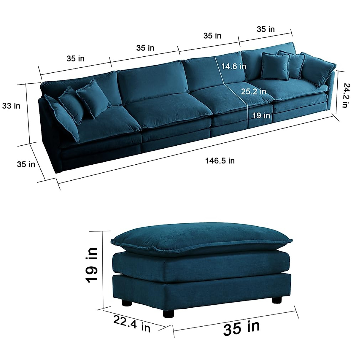 kevinplus 146.5'' Blue Large Sectional Sofa Couch U-Shaped with Ottoman for Living Room, Modern Contemporary Modular Sofa Couch for Apartment Office, Chenille Fabric (4-Seat Couch + 2 Ottoman)
