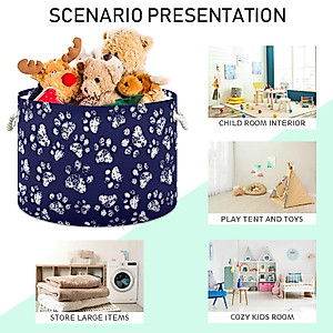 ALAZA Large Storage Basket for Toys White Dog Printed Blue Round Blanket Basket Laundry Hamper Canvas Organizer Bin Box Cotton Rope Collapsible Bucket Pillow Home Decor