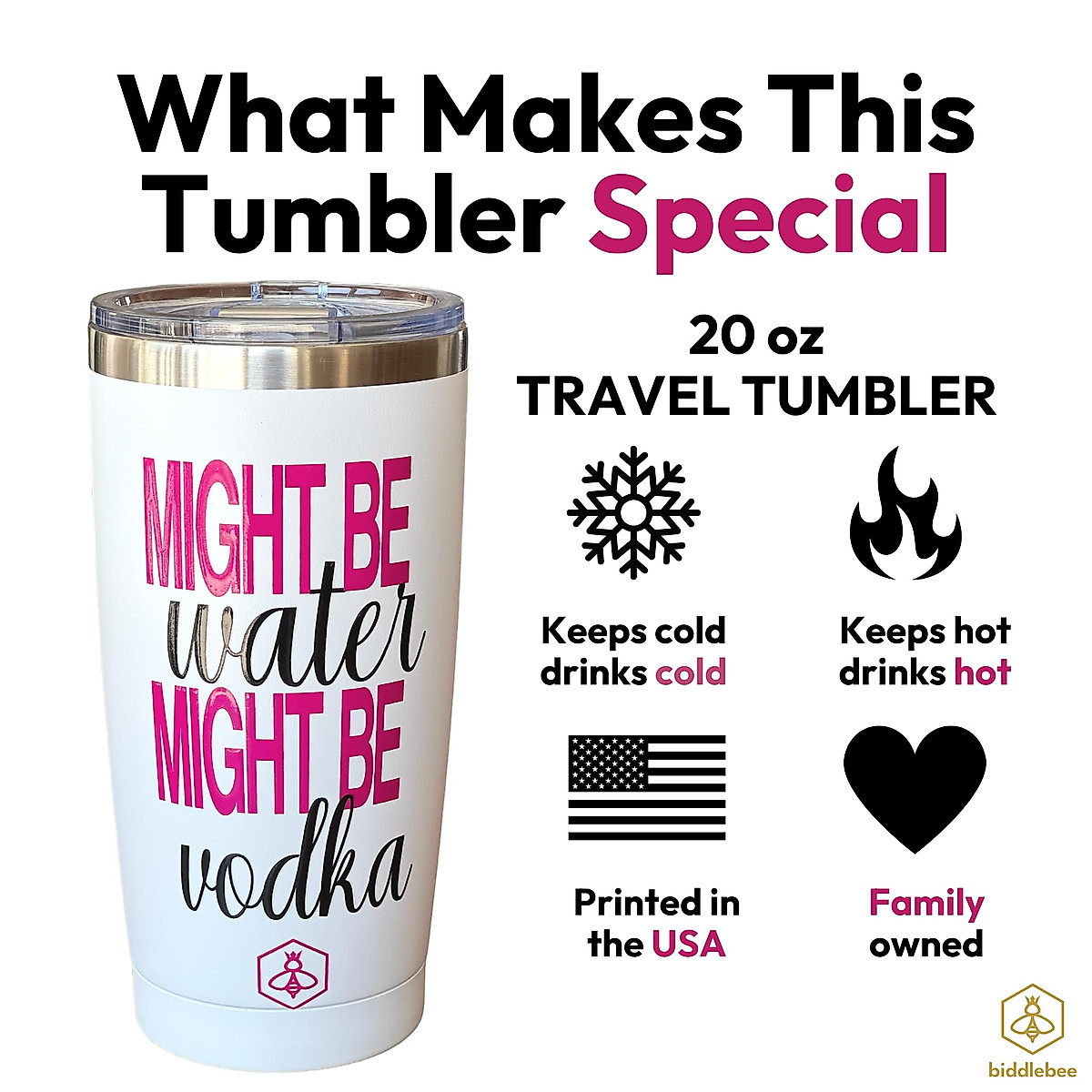 Biddlebee Birthday Gifts for Women Funny & Sarcastic Travel Coffee Mug w/Slider Lid | 20oz Insulated Coffee Tumbler | Funny Gifts for Women | 40th Birthday Gifts Women | Might Be Vodka