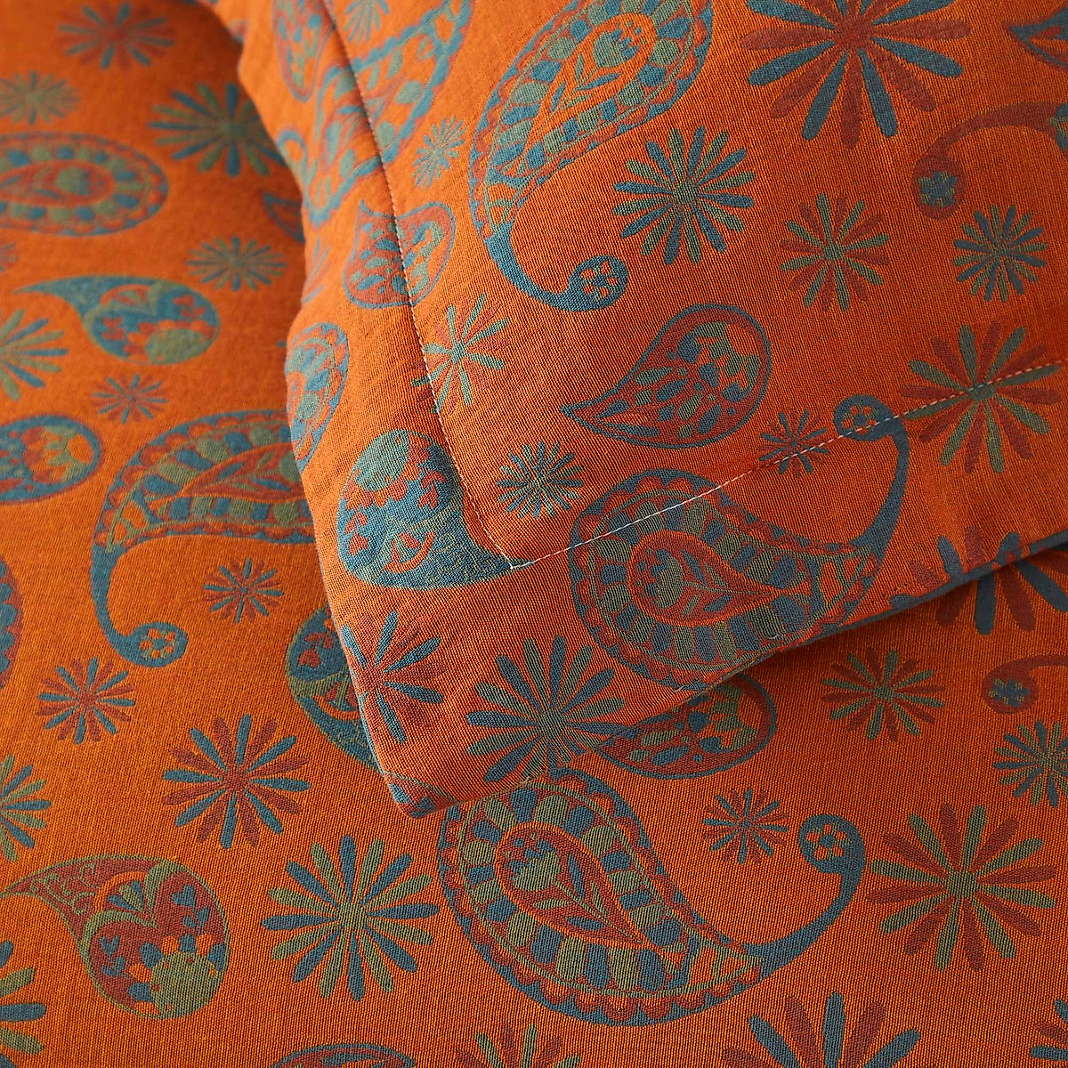 Softta Vintage Paisley Pattern Bedding Set Queen Size 3Pcs Duvet Cover Set 100% Washed Cotton Double-Layer Yarn Washed Cotton Bedding Collection Blue & Orange