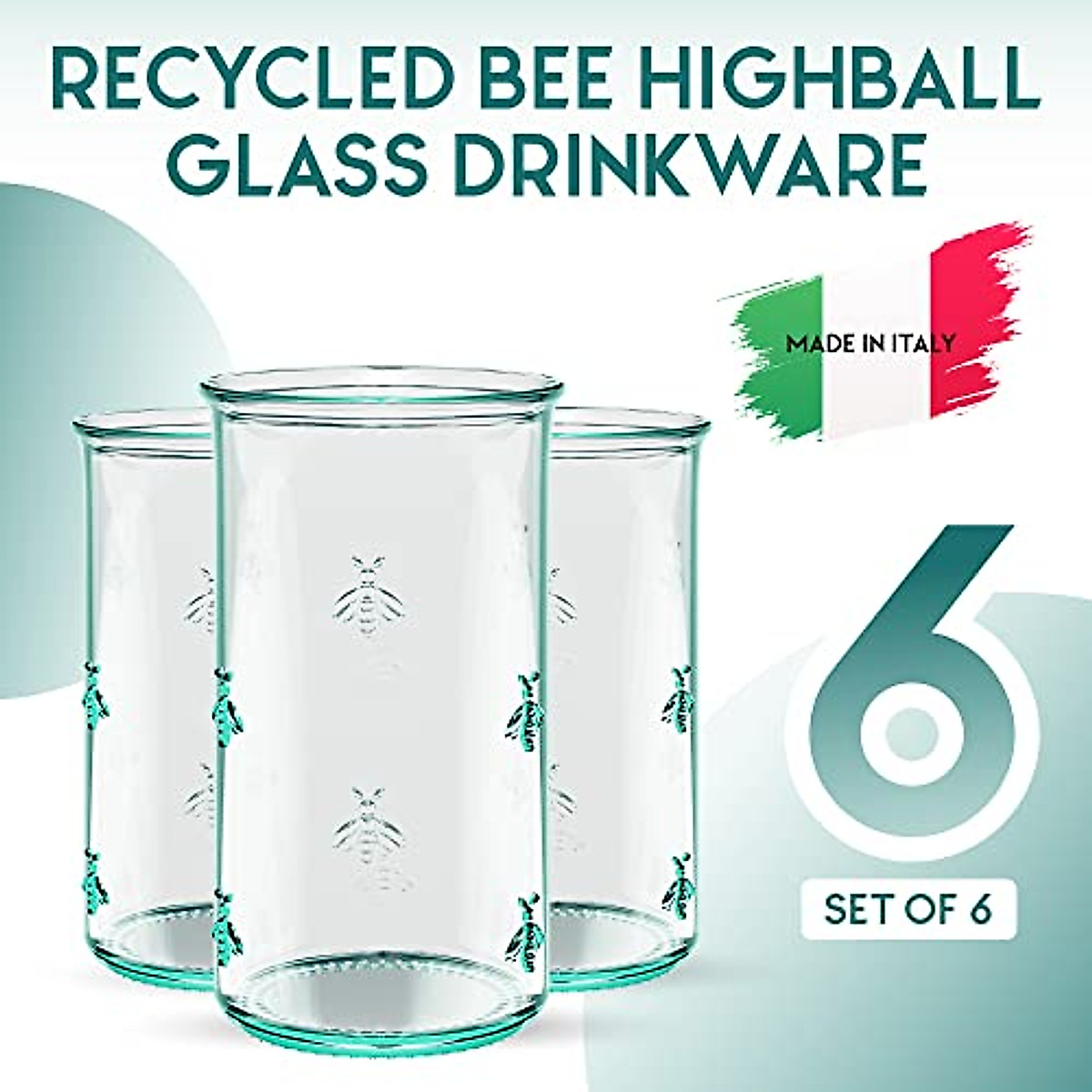 Amici Home Regina Hiball Glass | 18 Oz | Italian Made, Recycled Green Glass | Drinking Glass with Embossed Bee Design for Water, Juice, Iced Tea, Cocktails (Set of 6)