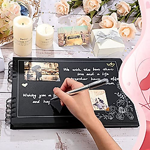 Wedding Guest Book 12 x 8 Inch Hard Cover Photo Album Sign in Registry Guestbook Scrapbook with Silver Foil Gilded Edges Ribbons 100 Pages Black Hardbound Book with 2 Pens 4 Photo Corners for Wedding