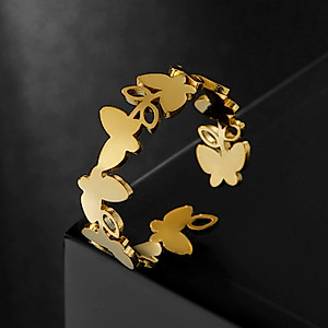 kkjoy Stainless Steel Butterflies and Leaves Ring Adjustable Open Finger Rings For Women