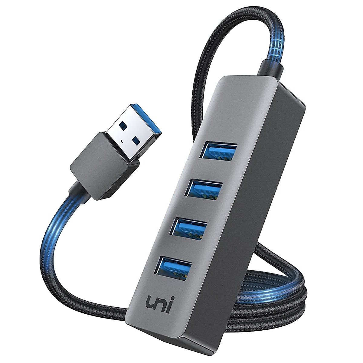 uni USB Hub 4-Port USB Splitter 4FT, High-Speed Portable Aluminum USB 3.0 Hub Compatible with PC, Laptops, Mouse, Keyboard, Flash Drive, Mobile HDD, Car, and More.