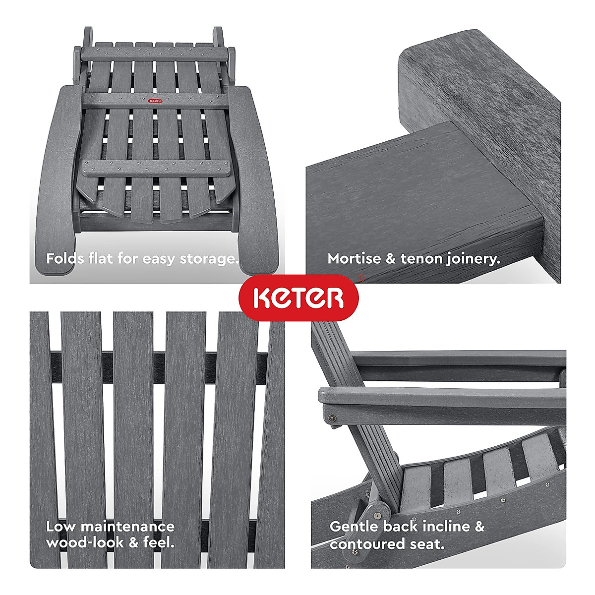 Keter Willoughby Folding Adirondack Chair with Weatherproof Finish, Outdoor Furniture for Entertaining by The Pool, Patio, and Fire Pit, Easy Assembly for Sturdy and Steady Outdoor Seating, Gray