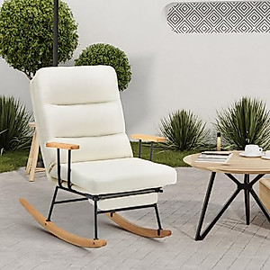 Rocking Chair with Footrest-Glider Rocker Chair with Retractable Footrest and Adjustable Backrest, Teddy Upholstered Rocking Chair, Modern Accent Chair for Living Room/Nursery/Bedroom/Outdoor-Beige