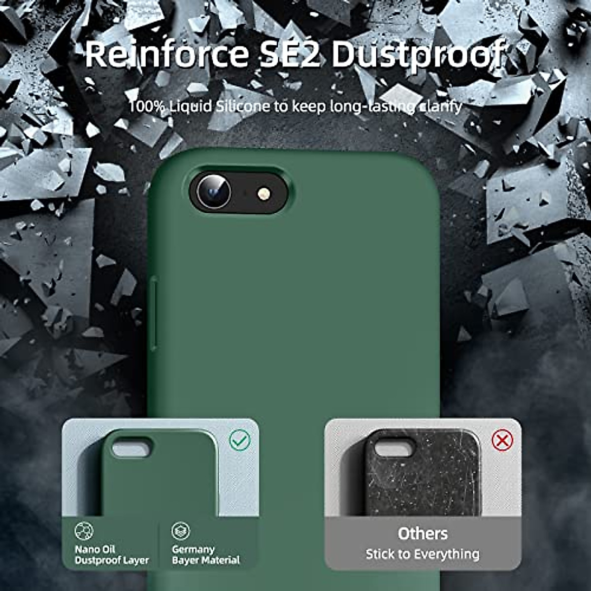 Dssairo [3 in 1 for iPhone SE case 2022/3rd/2020/2nd gen, iPhone 7/8 case，with 2 Pack Screen Protector, Liquid Silicone Ultra Slim Shockproof Protective Phone Case [Microfiber Lining] (Alpine Green)