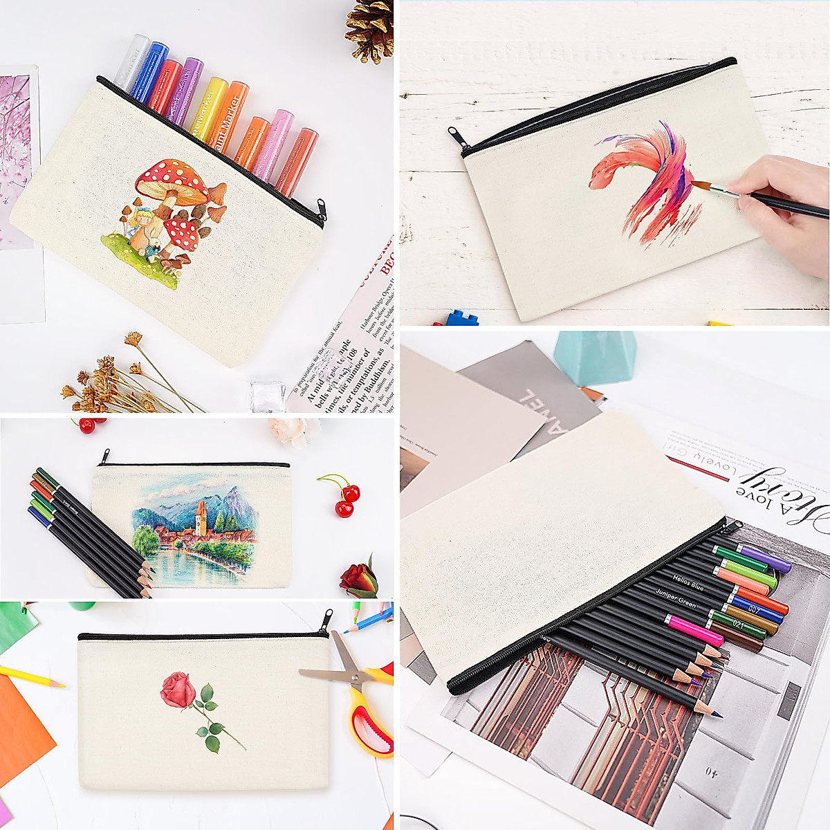 HTVRONT Blank Canvas Makeup Bags 10 Pack, Sublimation Blanks Cosmetic Bags, DIY Heat Transfer Canvas Pen Case Pencil Bags, Beige Multi-Purpose Travel Toiletry Zipper Bags (10pcs 8.3 × 5 Inch)