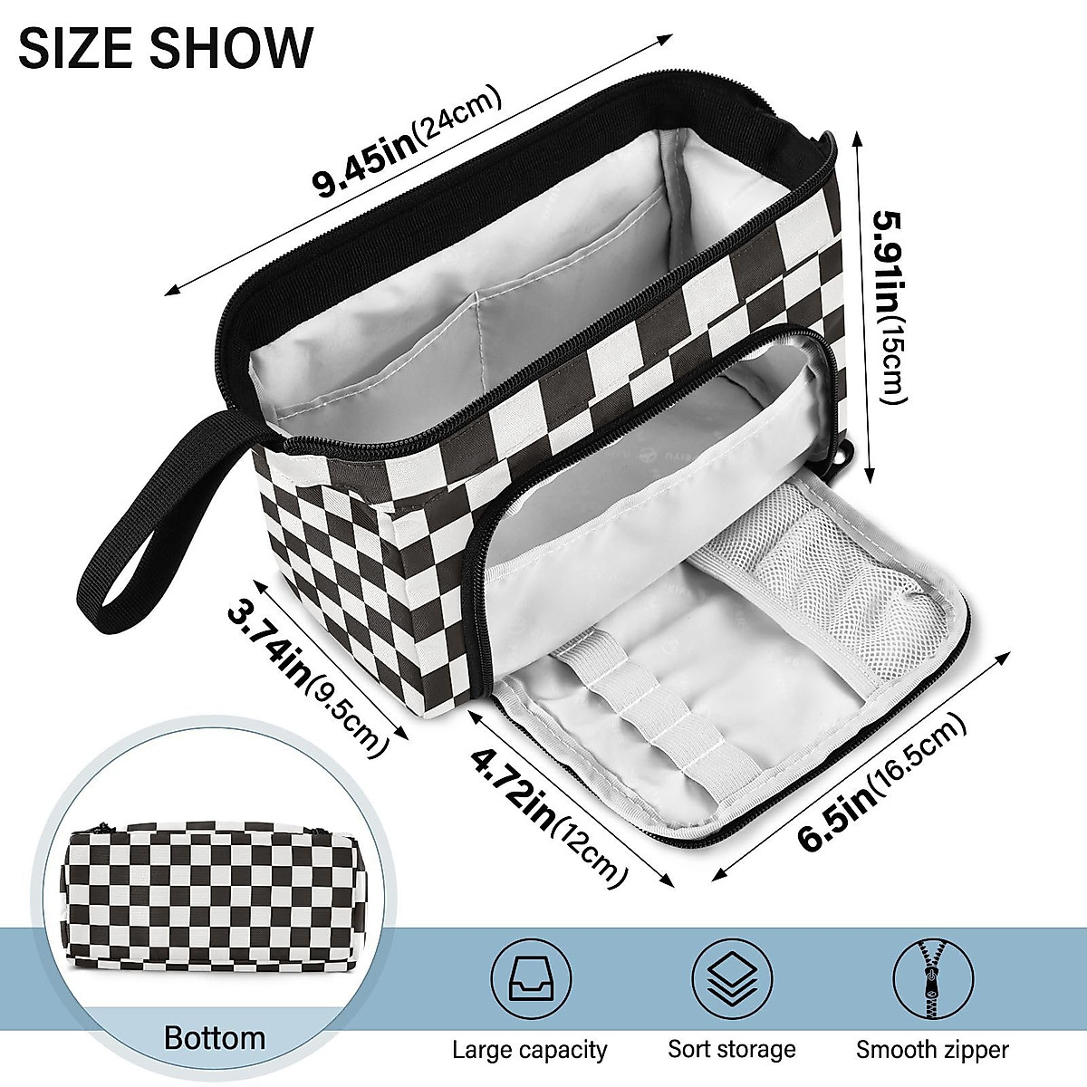 ElliTarr Pencil Case Pouch Bag Organizer Aesthetic Pen Case for Teen Girls Boys and Adults Large Capacity Portable Gift Choice Checkered Black and White