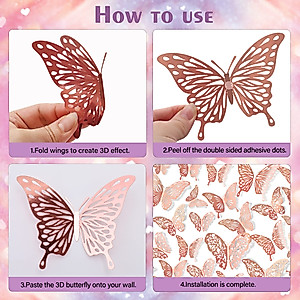 Creative 60PCS Hollow Butterfly Wall Decals 5 Style 3D Butterflies Stickers DIY Removable PVC Refraction Shiny Gold Home Decor for Kids Girl Bedroom Living Room Nursery Playroom Decoration (Rose Gold)