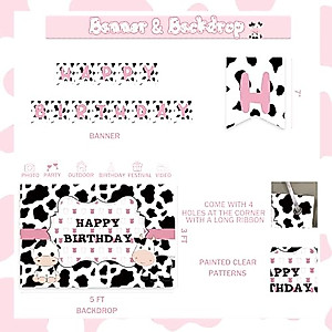 114 PCs Cow Party Decorations, Fiesec Pink Cow Birthday Party Decorations Backdrop Balloon Garland Arch Banner Cake Cupcake Topper Walking Cow Balloon Cow Print Moo Pink White Black
