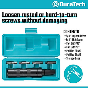 DURATECH 3/8 Inch Drive Manual Impact Driver, Reversible Hand Screwdriver Set, with S2 Steel Bits, 5-Piece, for Tighten/Rusted Fasteners, organized in storage case