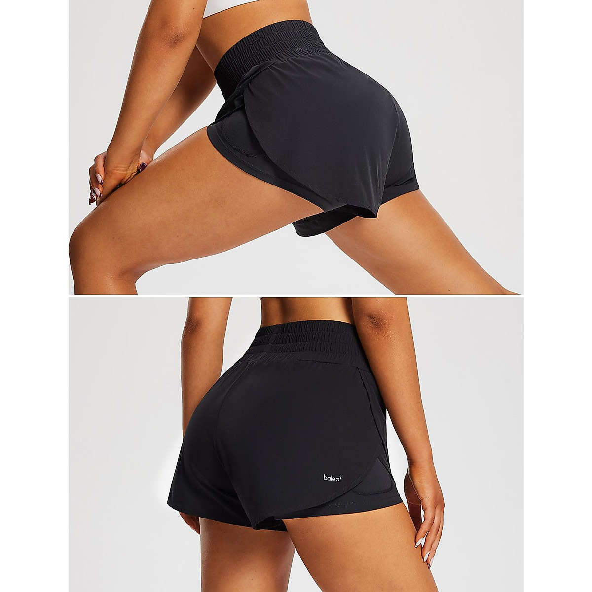 BALEAF Women's Workout Running Shorts 2 in 1 Spandex High Waisted 3" Athletic Shorts with Liner Pockets Black S