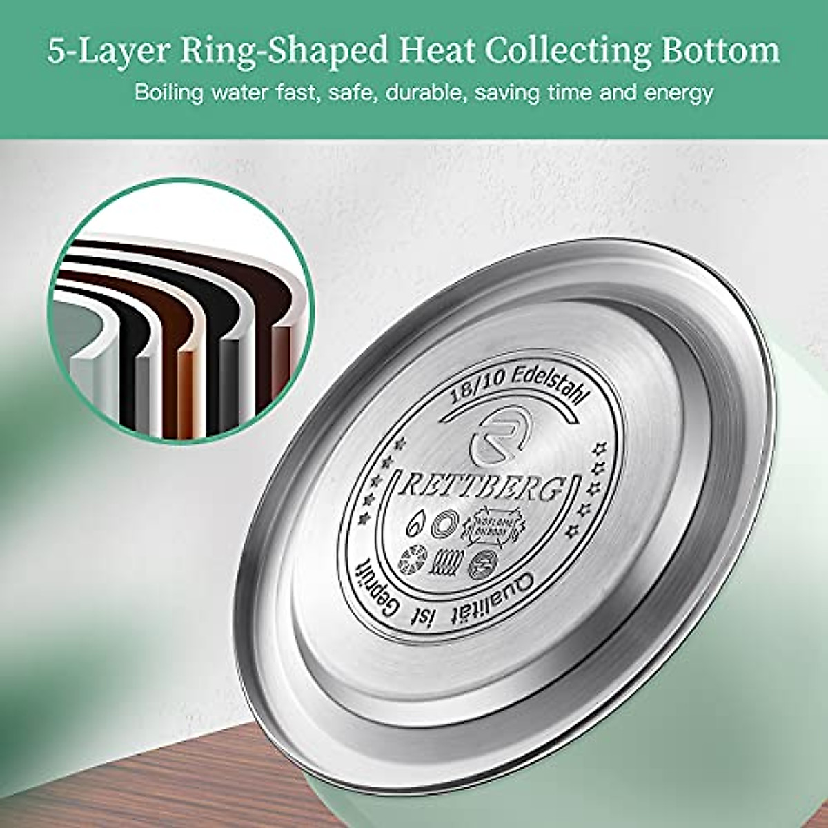 RETTBERG Tea Kettle for Stovetop Whistling Tea Kettles Retro Red Stainless Steel Teapots, 2.64 Quart (Mint Green)