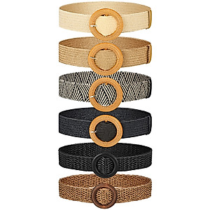 Geyoga 6 Pack Women Straw Belt Woven Elastic Stretch Waist Belt Skinny Braided Waist Belt Boho Rattan Belts with Wood Buckle Belts for Women Dress Belt, 2 Sizes