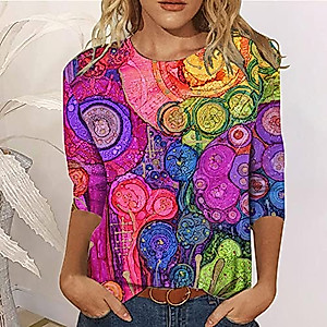Women's 3/4 Length Sleeves Tops Fashion Art Painting Graphic Tshirts Fall Dressy Tee Shirt Loose Fit Trendy Blouse Hot Pink