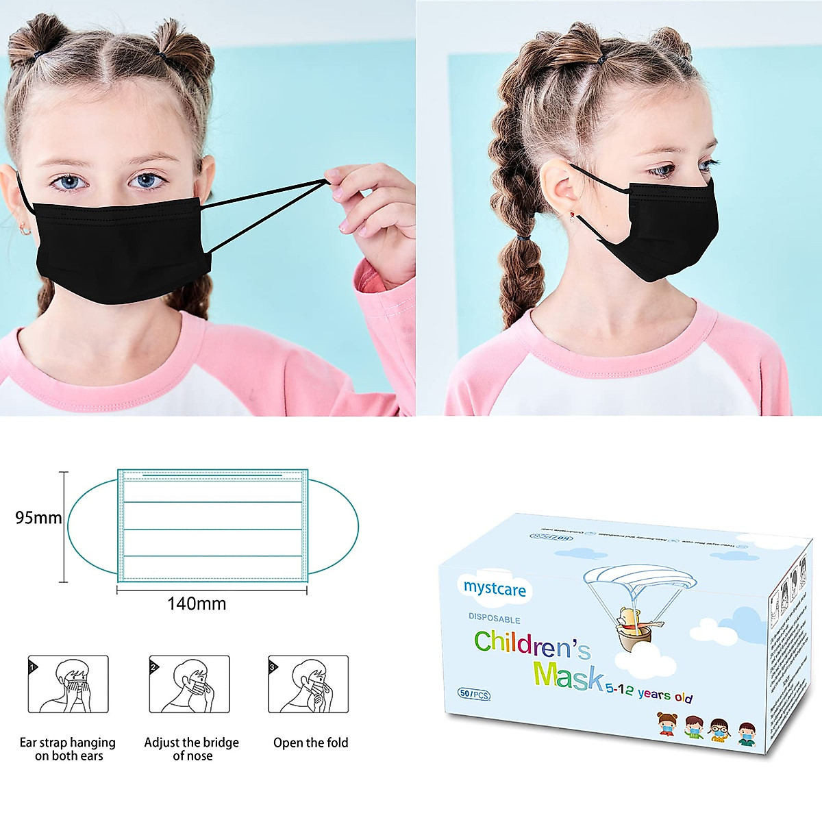 mystcare Kids Disposable Face Mask 50 Pack Ages 5-12 Filter 3-Layer Safety Face Masks for Kids Daily Use.All Metal Nose Clips(Black)
